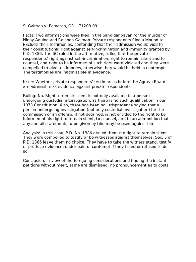 Galman v. Pamaran: Self-Incrimination Rights | PDF | Social Science | Law