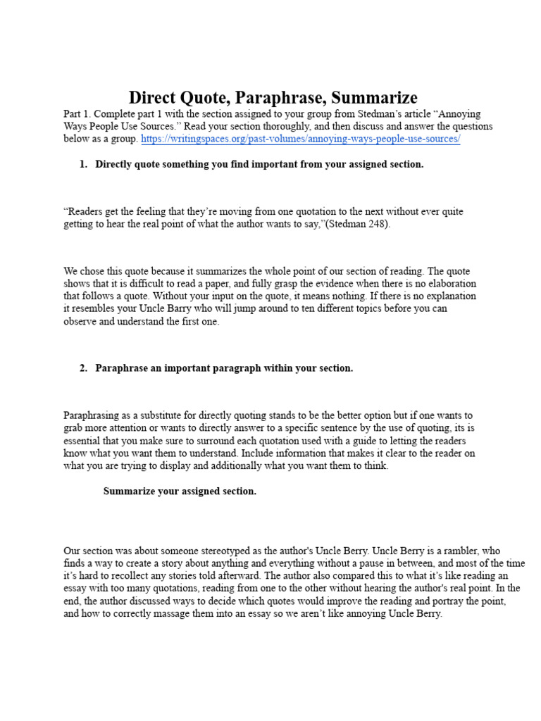 Direct Quote, Paraphrase, Summarize | PDF