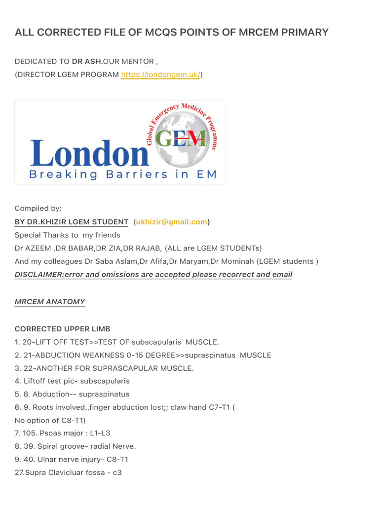 All Corrected File of Mcqs Points of Mrcem Primary | PDF