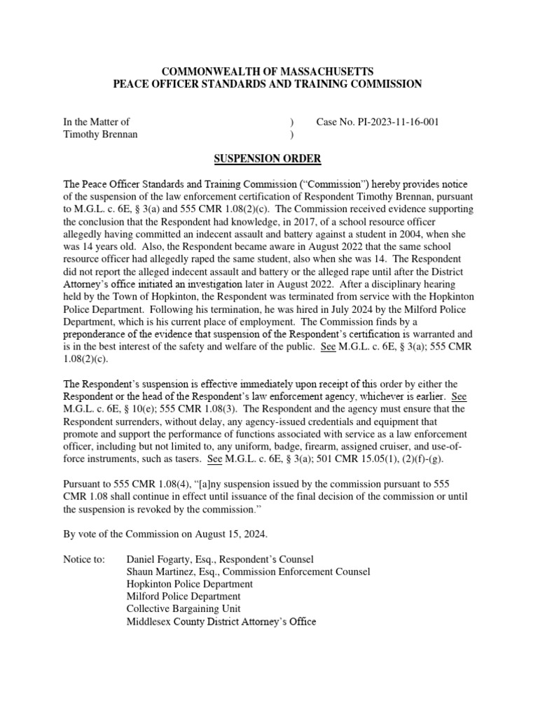 Milford Police Officer Brennan Suspension Order | PDF