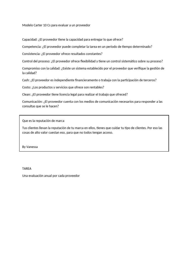 Modelo Carter 10 Cs para Evaluar A Un Proveedor | PDF | Crecimiento ...