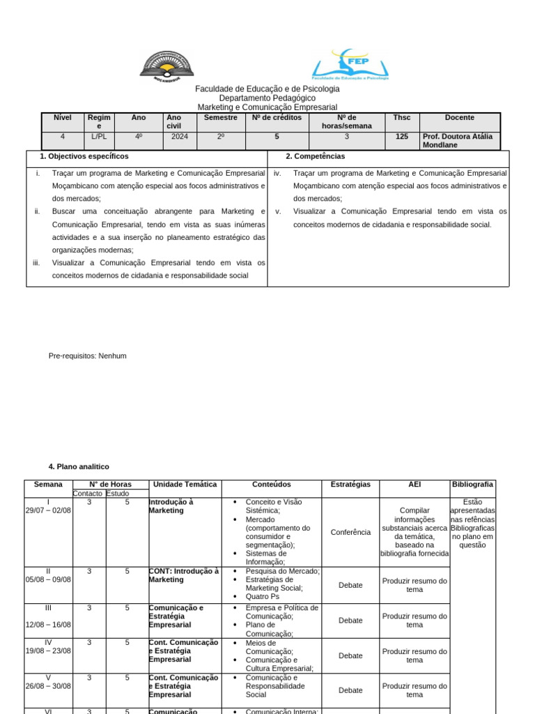 Plano Analitico Marketing Empresarial - PSO - 2024 | PDF