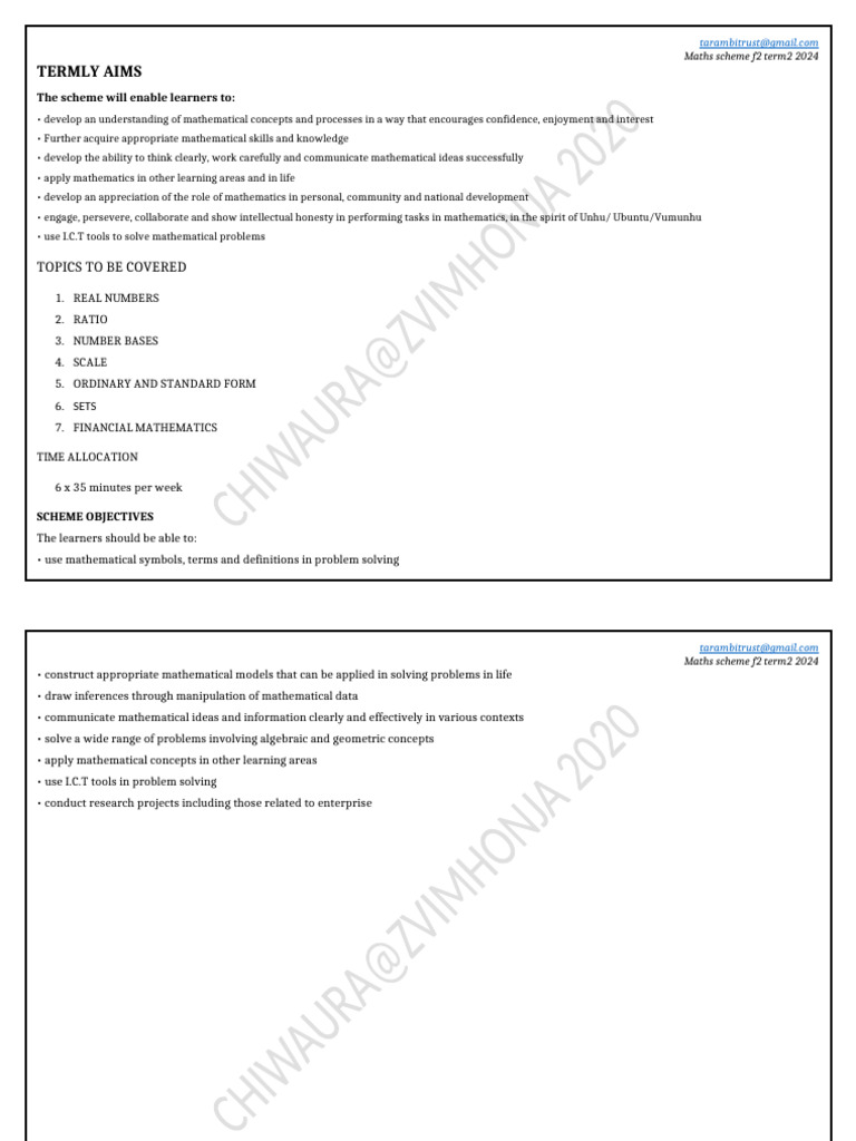 Form 2 Term 2 Maths Schemes of Work 2024 | PDF