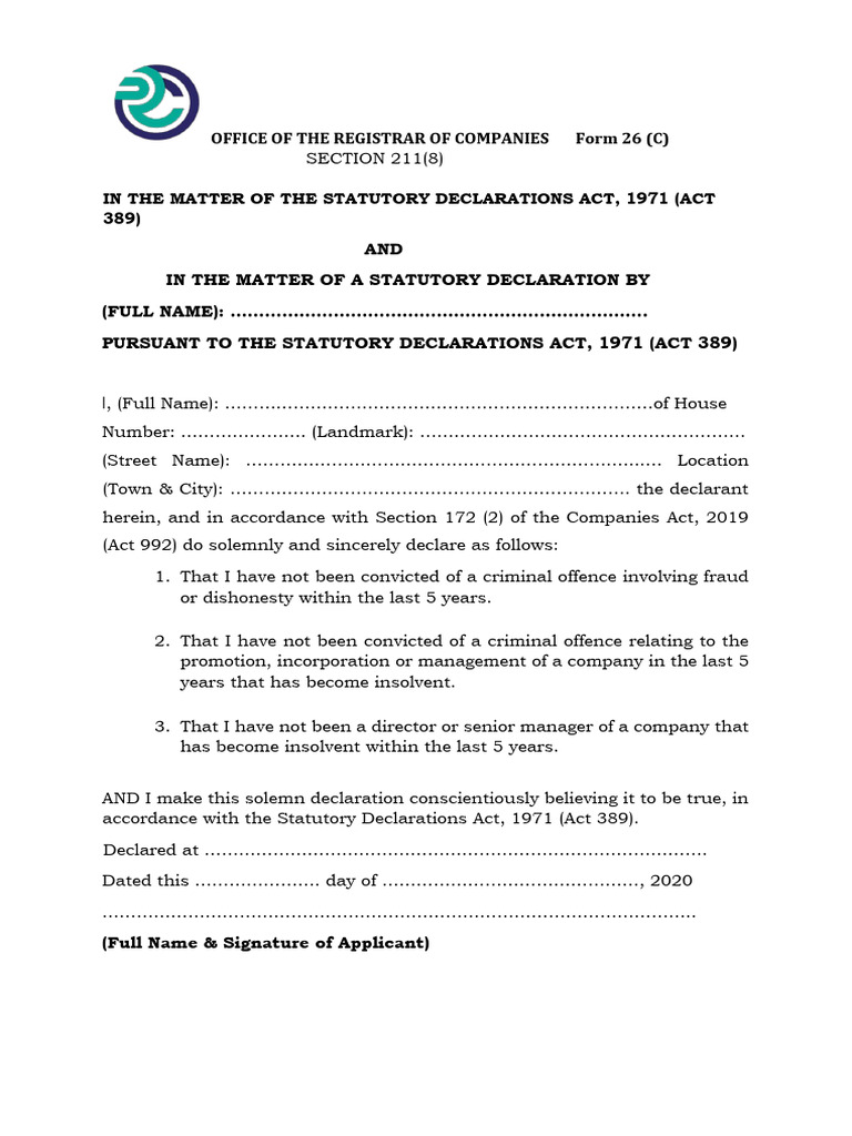 Form 26 (C) Statutory Declaration Director - Cliffco | PDF