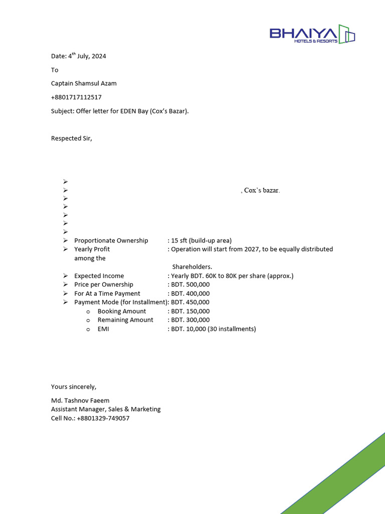 Eden Bay Offer Letter | PDF