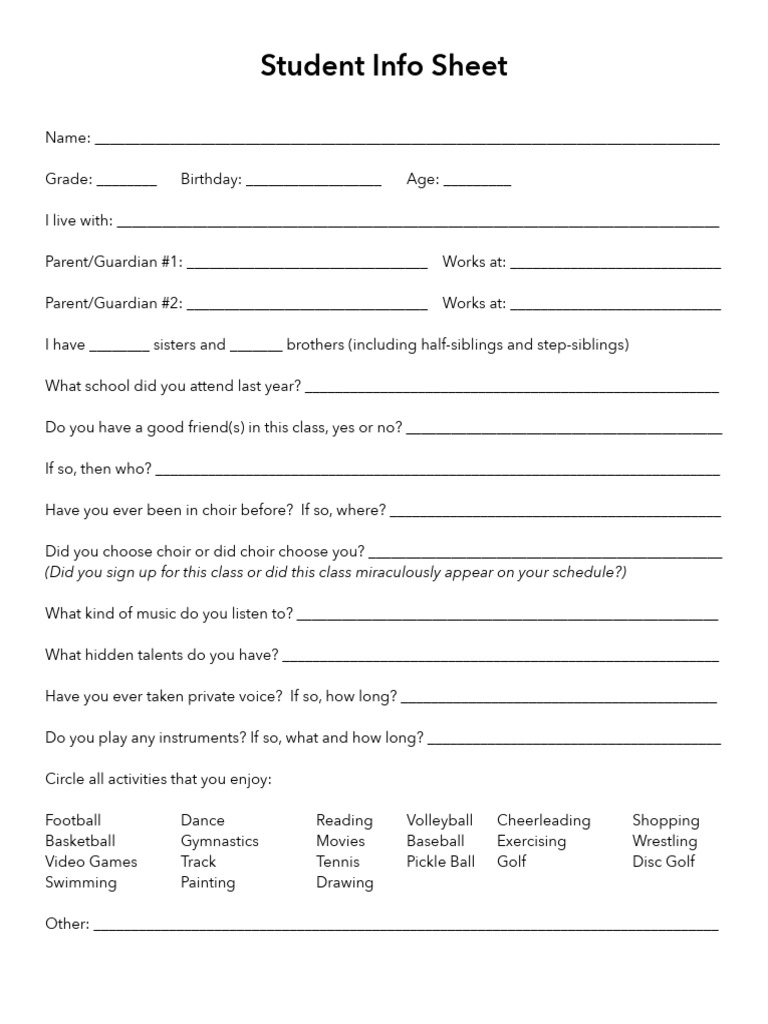 Student Info Sheet | PDF