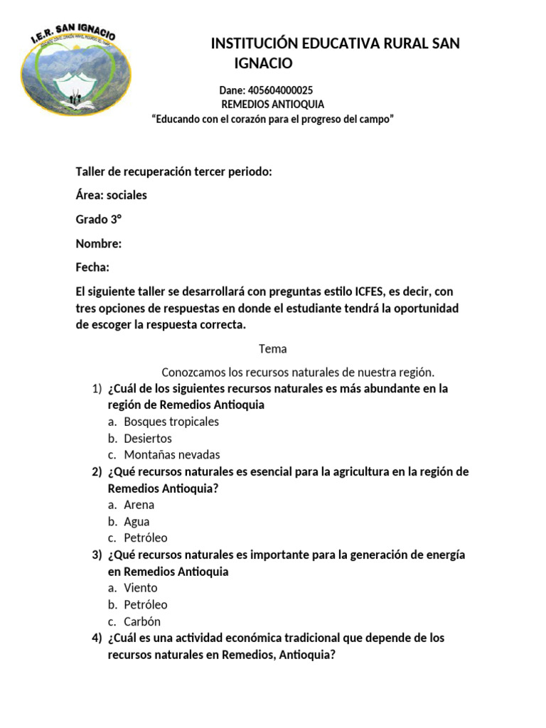 Taller de Recuperacion Tercer Periodo Grado 3° Sociales | PDF