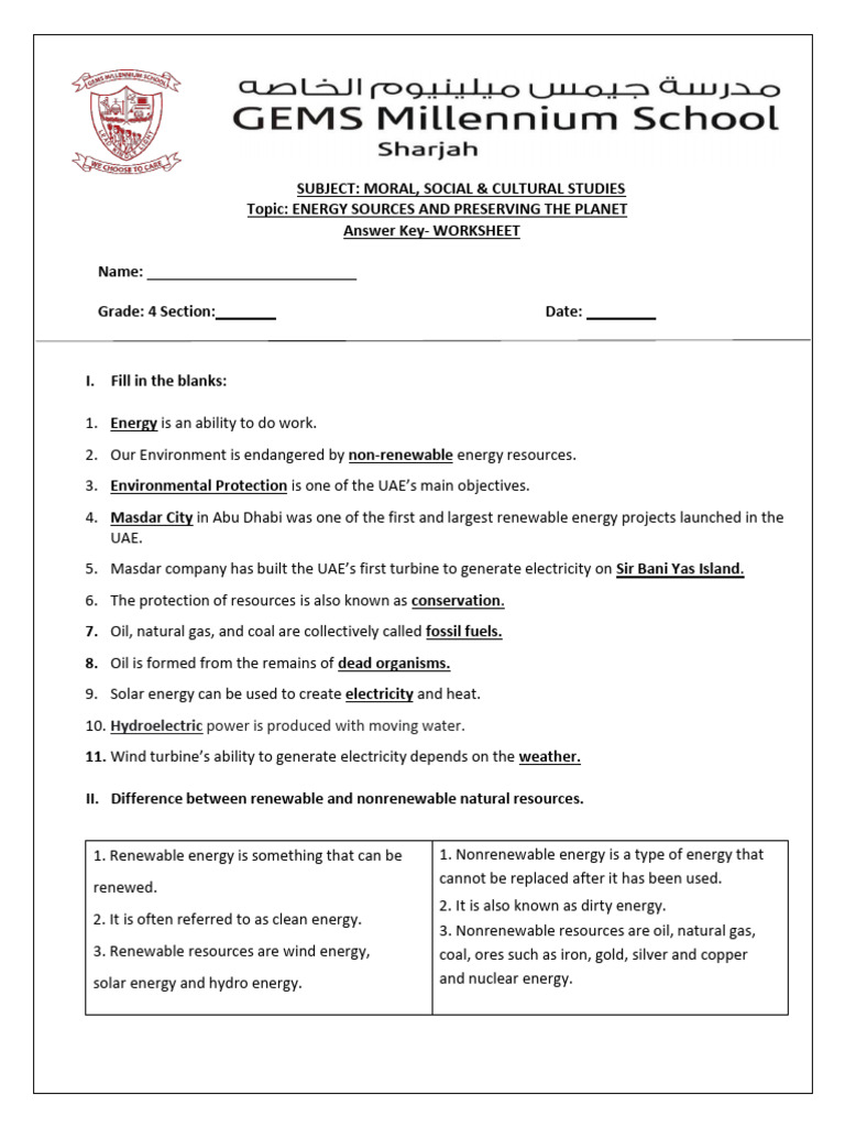 Answer Key Worksheet - ENERGY SOURCES AND PRESERVING THE PLANET | PDF