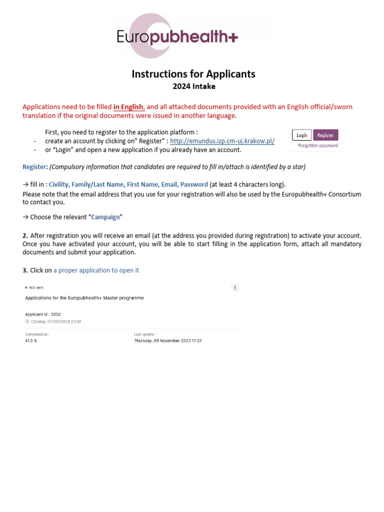 EPH Instructions For Applicants Emundus 2024 14.11.23 | PDF