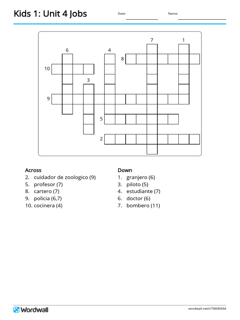 Kids 1 Unit 4 Jobs Crossword | PDF