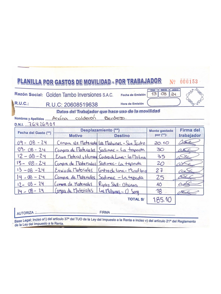 Planilla Por Gastos de Movilidad - Por Trabajador | PDF