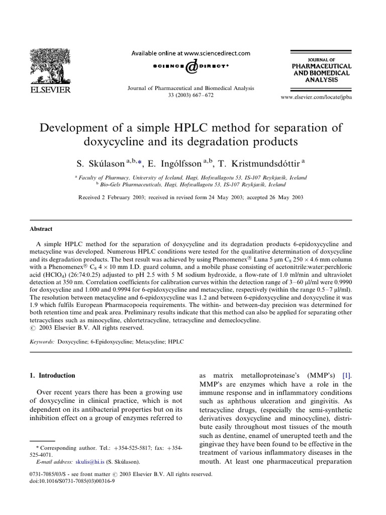 Development Of A Simple Hplc Method For Separation Of Doxycycline And Its Degradation Products Pdf