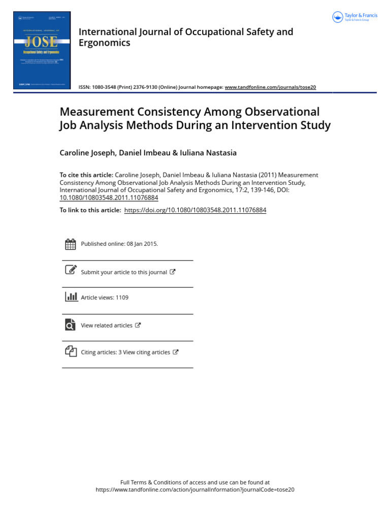 Measurement Consistency Among Observational Job Analysis Methods During An Intervention Study | PDF