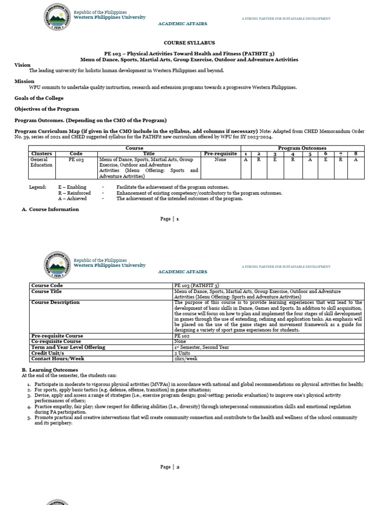 PATHFIT 3 Course Syllabus Overview | PDF | Physical Education | Learning