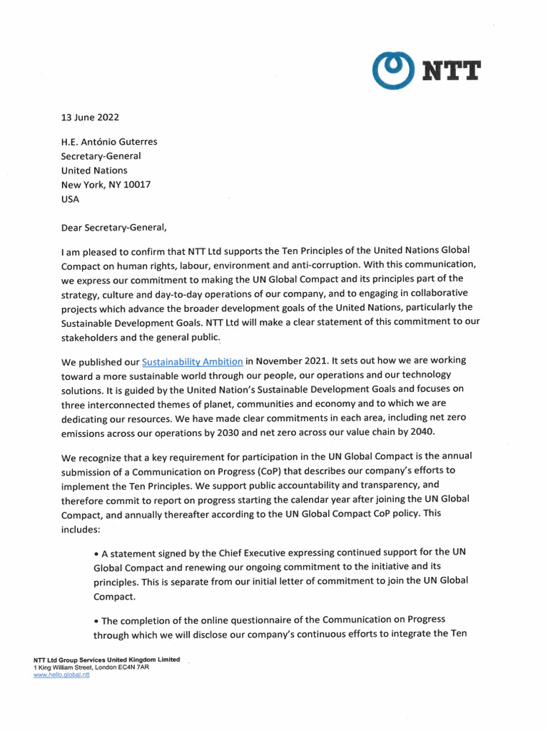 UNGC Ntt Ltd CEO Commitment Letter 13 Jun 22 | PDF