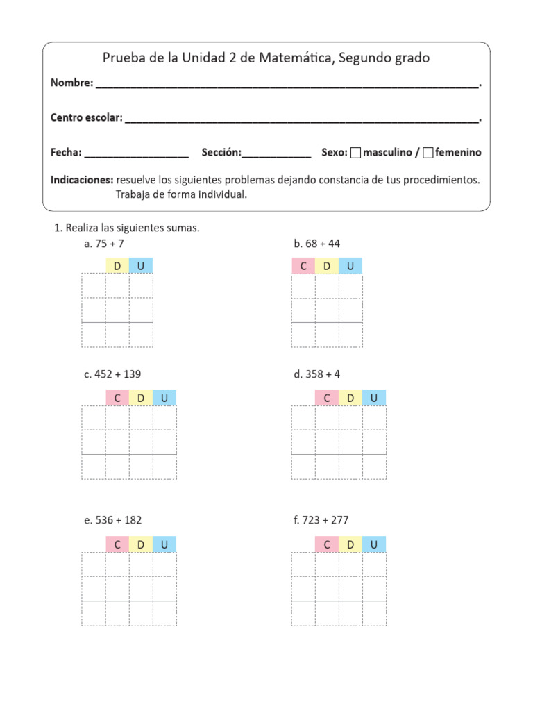 Prueba de La Unidad 2 de Matemática, Segundo Grado | PDF
