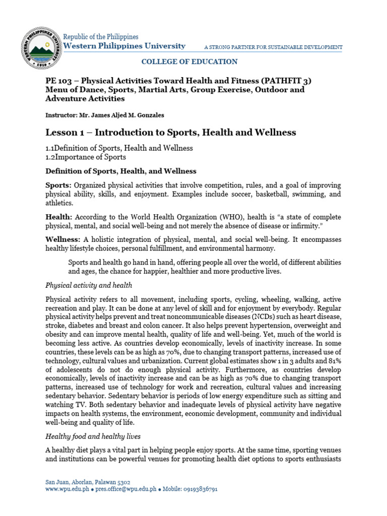 Week 2 Pathfit 3 Lesson 1 Introduction To Sports - Health - Wellness | PDF | Non Communicable ...