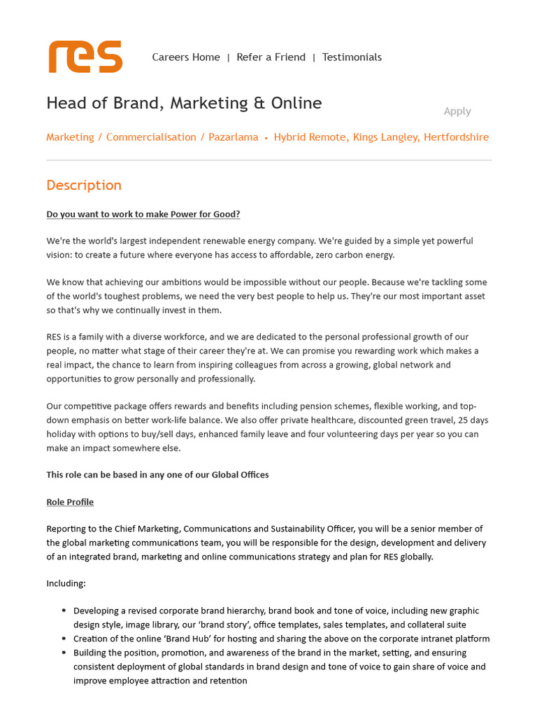 RES Careers - Head of Brand, Marketing & Online | PDF