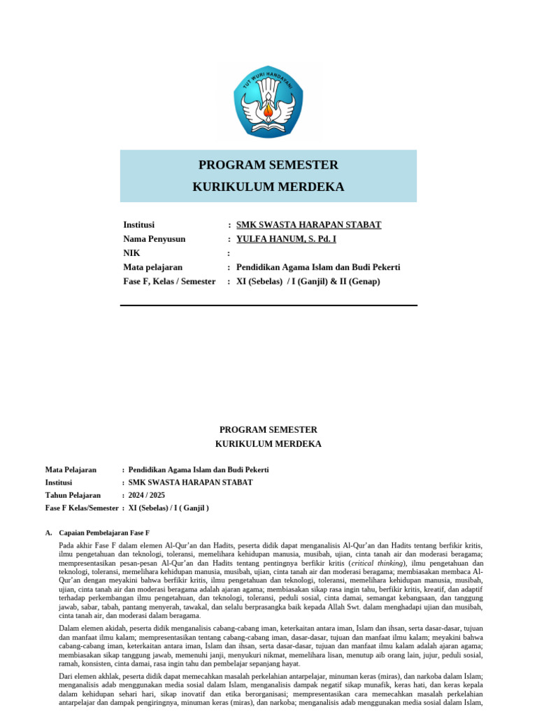 Prosem Pai Semester 1 Dan 2 - Yulfa Hanum | PDF