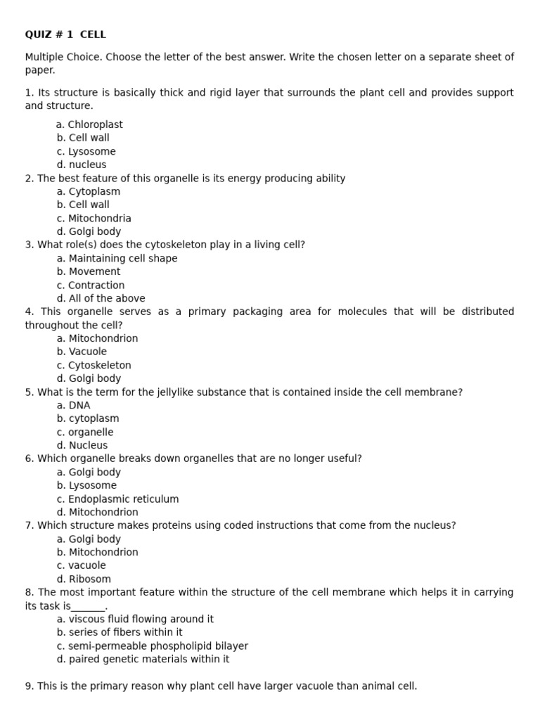 Quiz I Bio (Cell) | PDF