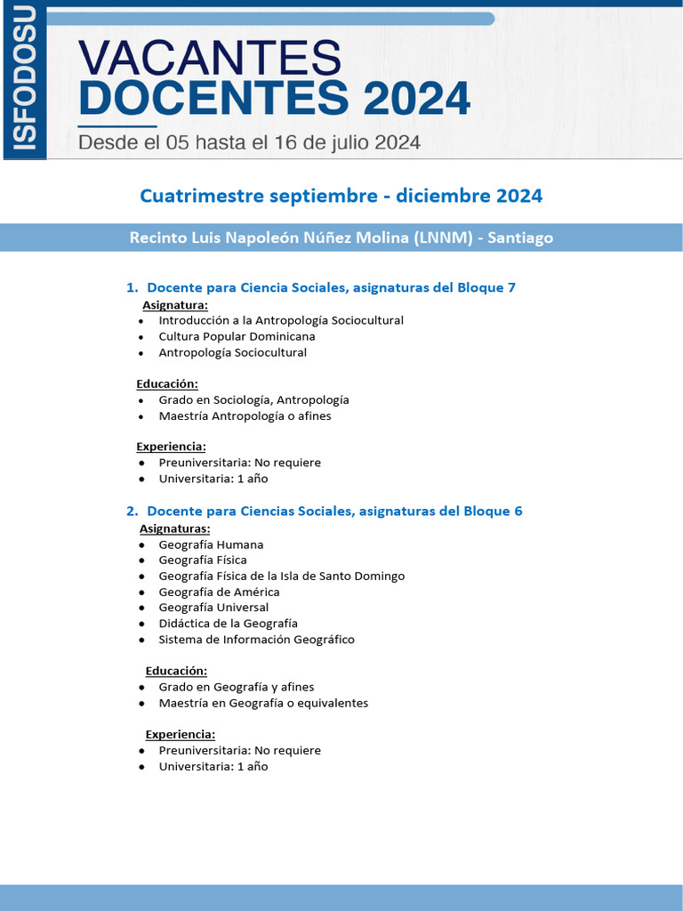 Vacantes Docentes LNNM 2024-3 - LMAC | PDF