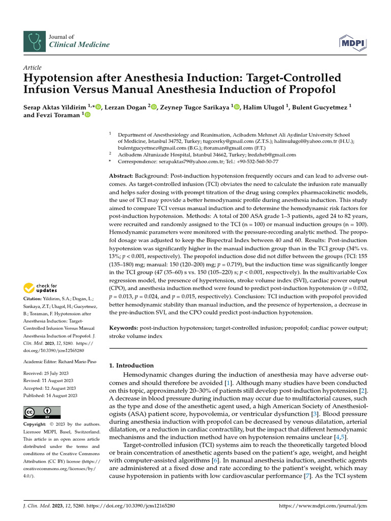 Hypotension After Anesthesia Induction Target-Controlled Infusion ...