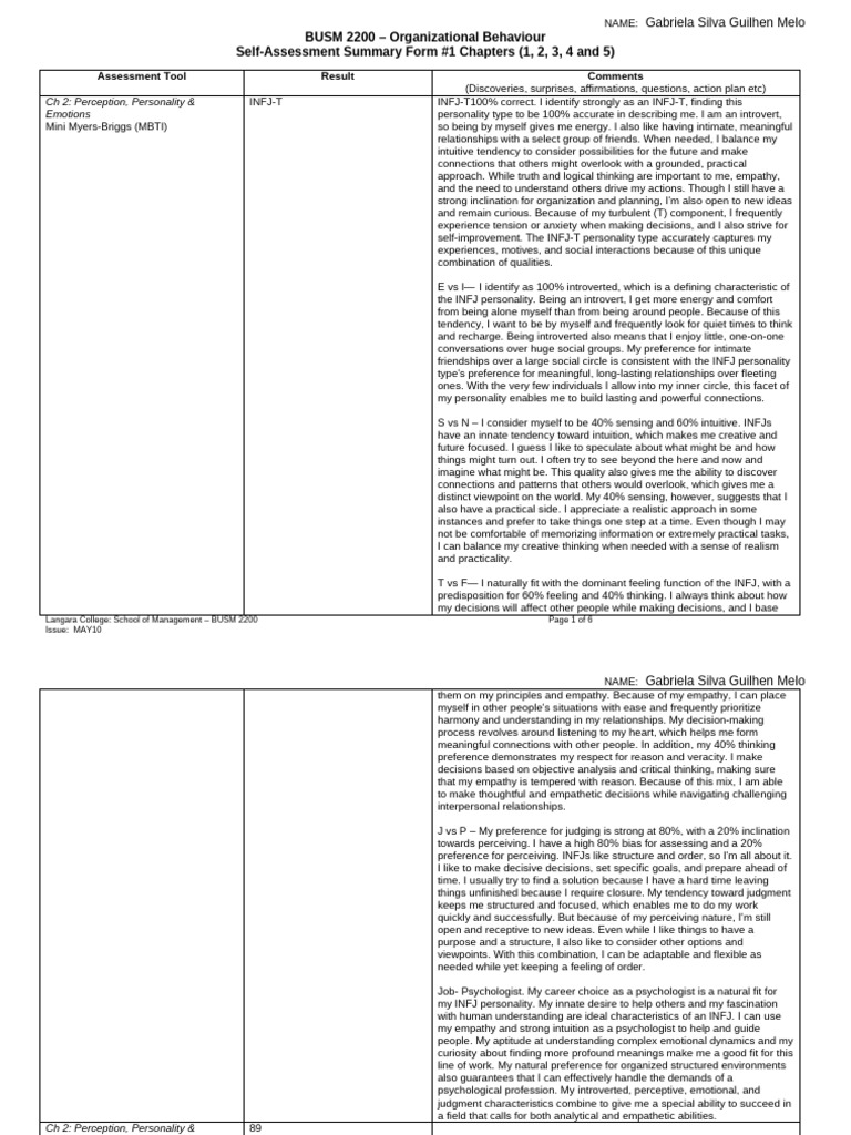 Self-Assessment Summary Form Chapter - 1 - 2 - 3 - 4 - 5 | PDF