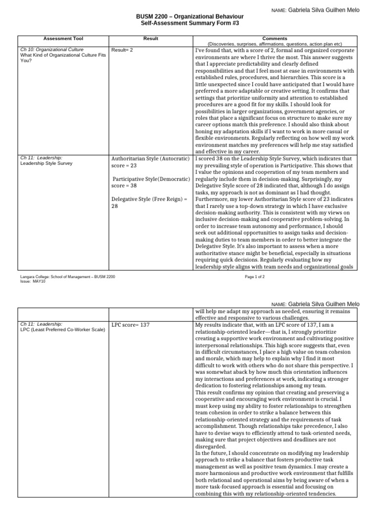 Self-Assessment Summary Form - 3.doc Gabriela Guilhen | PDF