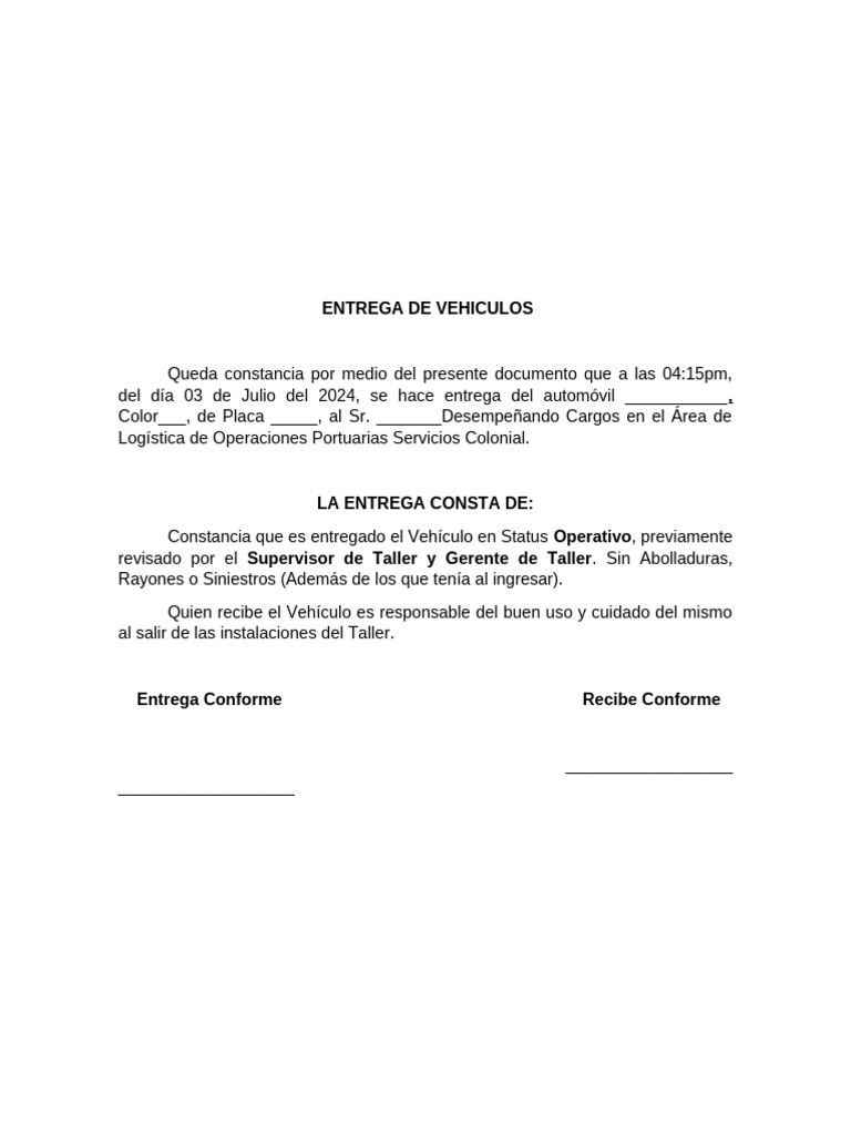 Modelo de Entrega de Vehículos | PDF