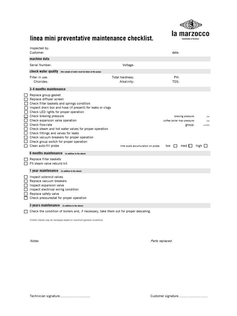Linea Mini Preventative Maintenance Checklist | PDF