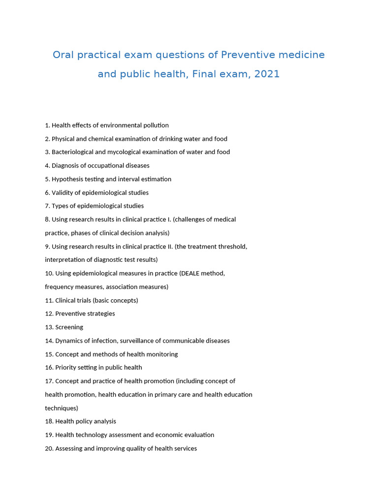Oral Practical Exam Questions of Preventive Medicine - 2021 | PDF
