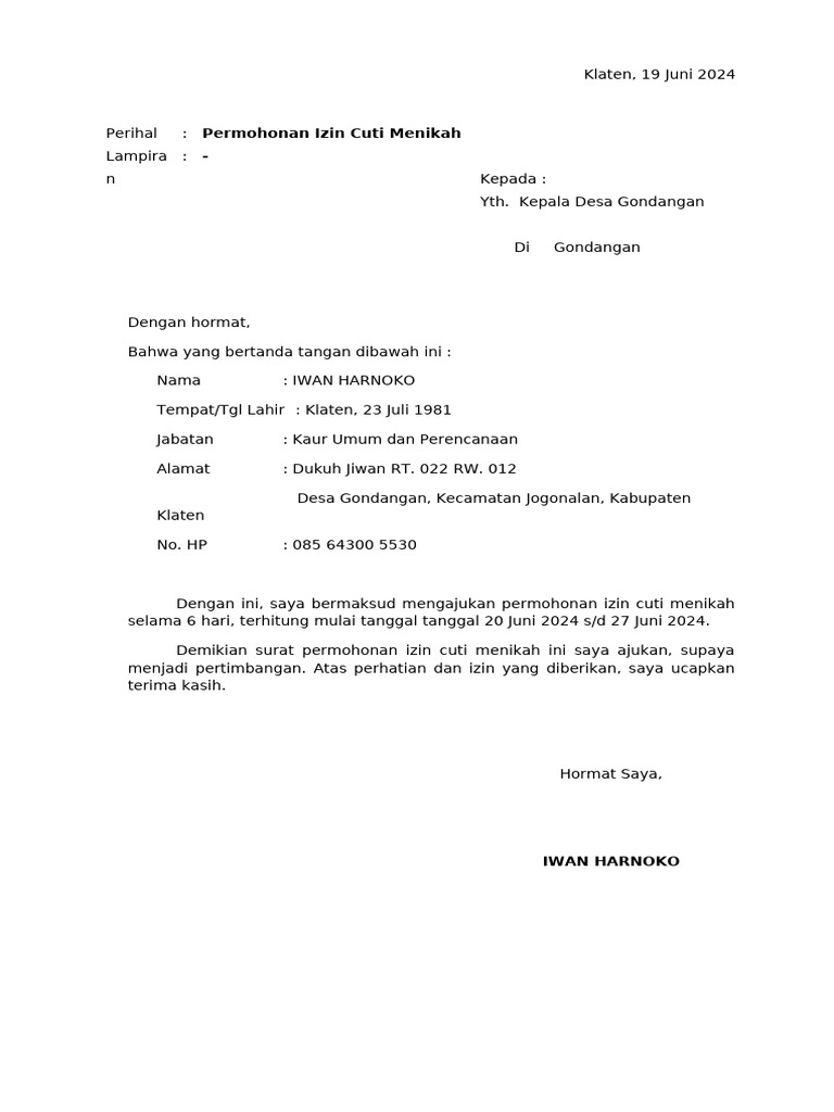 Surat Izin Cuti Nikah | PDF