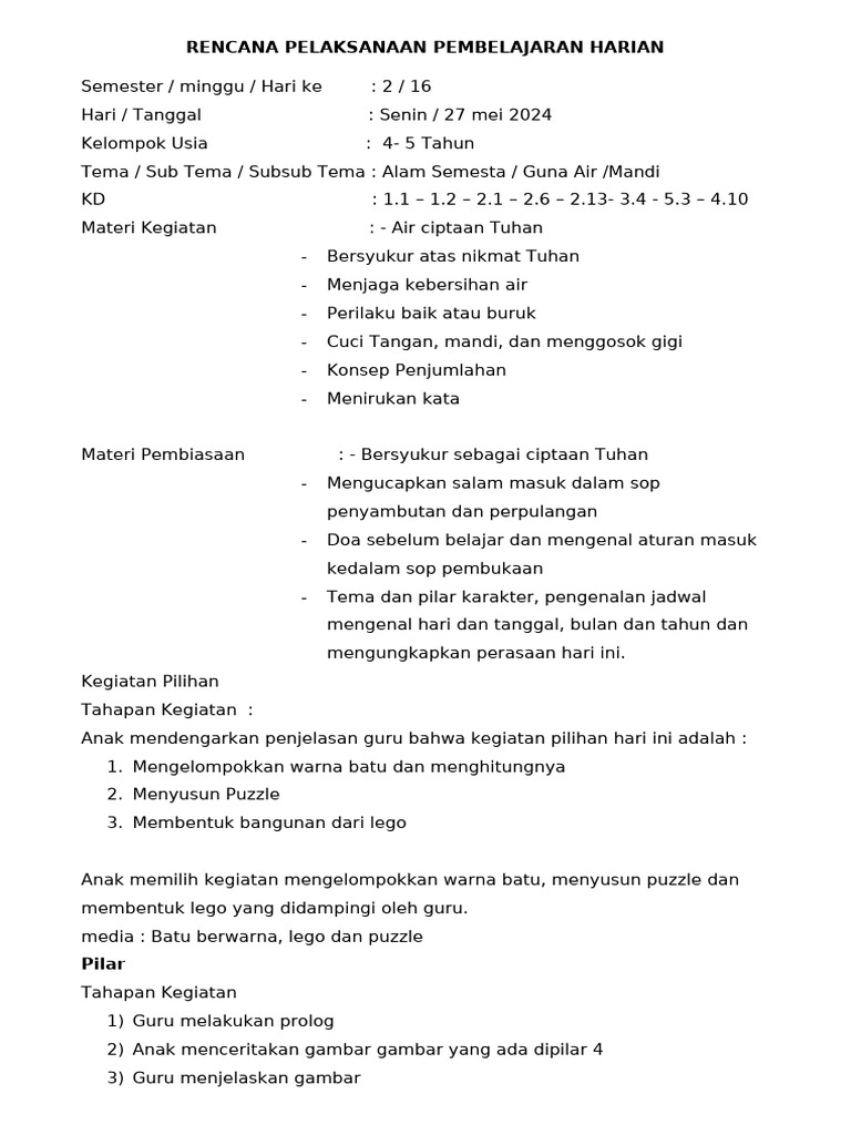 Rencana Pelaksanaan Pembelajaran Harian - Docx Paud IHF | PDF
