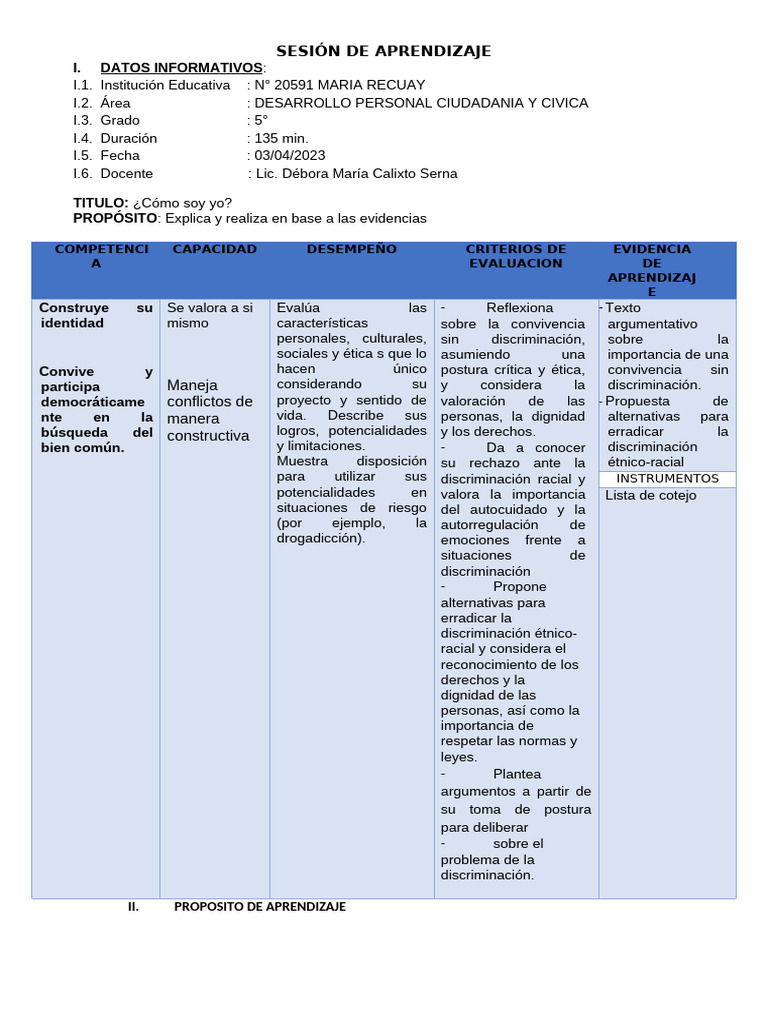 Sesión de Aprendizaje DPCC 5 03-04 | PDF