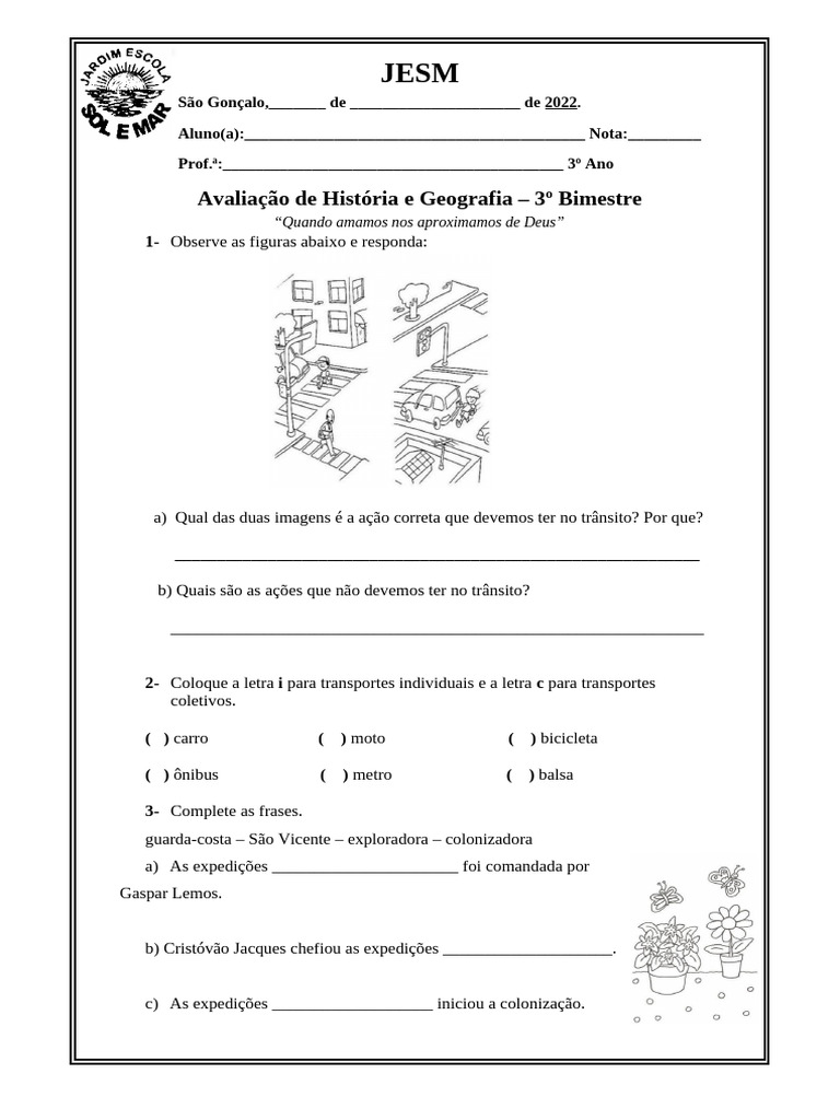 Avaliação de História e Geografia 3 Bimestre 3° Ano | PDF