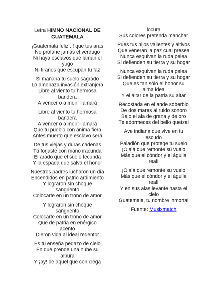 Letra HIMNO NACIONAL DE GUATEMALA | PDF