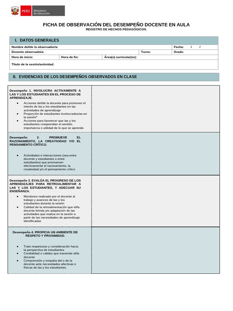 Ficha de Observacion de Desempeño Docente - Rubrica Yy | PDF