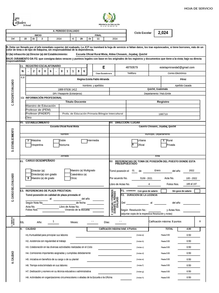 Estela Hoja de Servicio 2024 | PDF