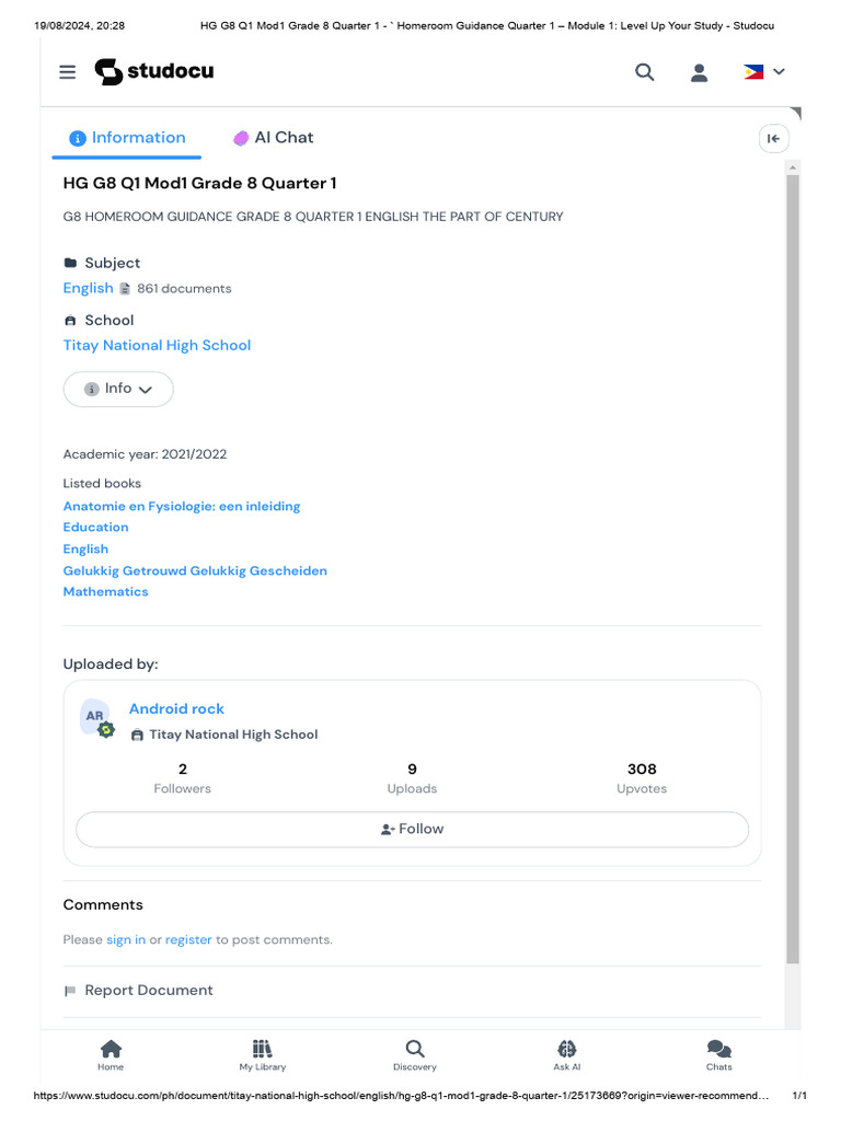 HG G8 Q1 Mod1 Grade 8 Quarter 1 - ' Homeroom Guidance Quarter 1 - Module 1 - Level Up Your Study ...