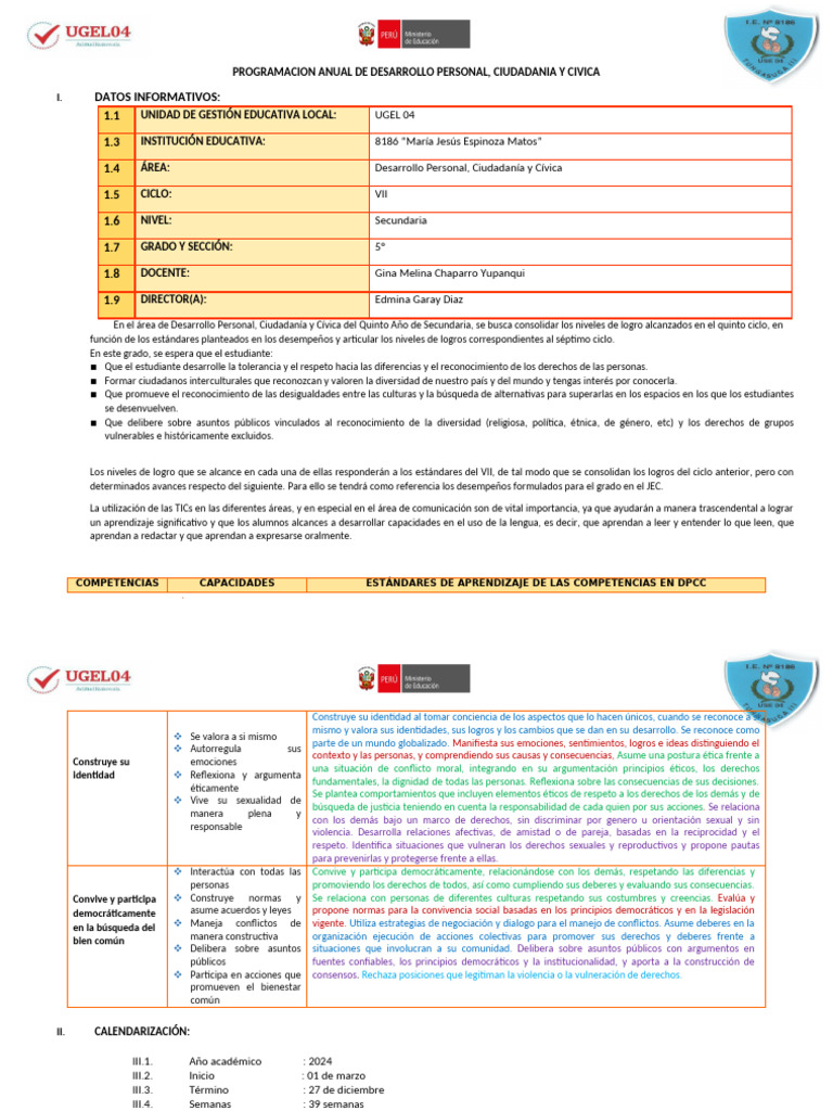 Programacion Anual DPCC 5° - 2024 | PDF