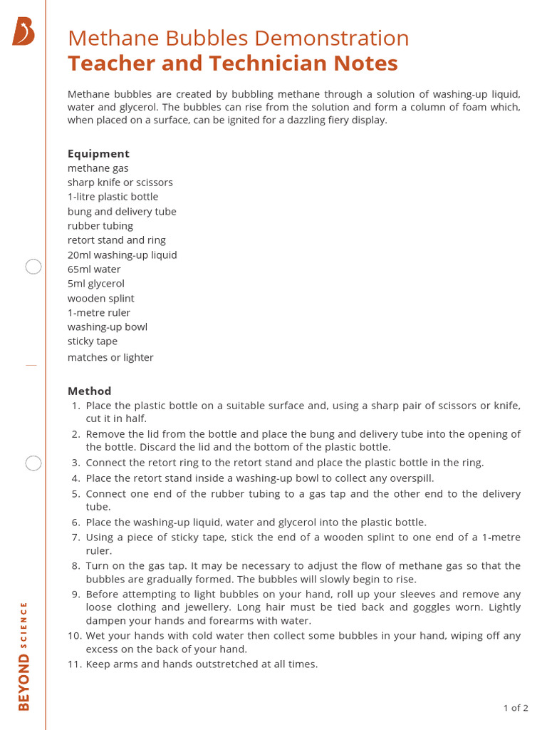 Methane Bubbles Demonstration Teacher and Technician Notes | PDF