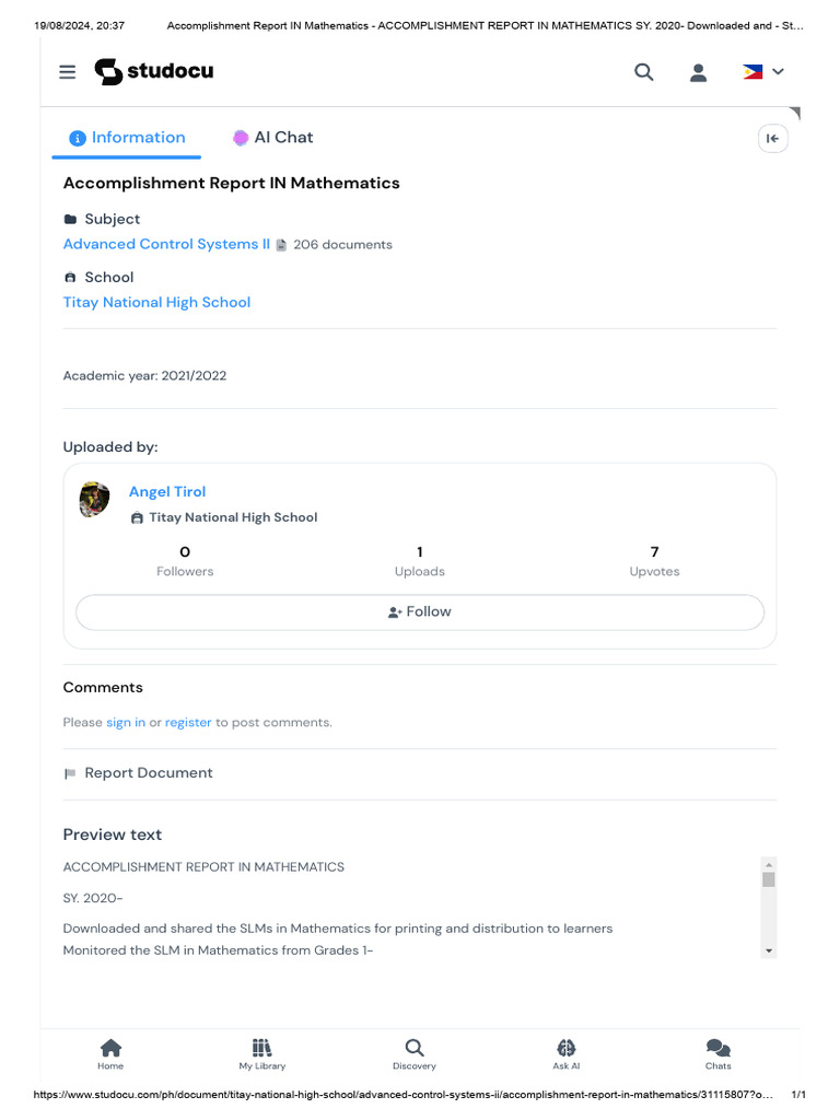Accomplishment Report IN Mathematics - ACCOMPLISHMENT REPORT IN ...