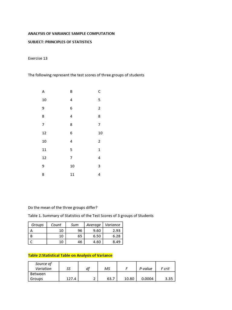 ANOVA SAMPLE COMPUTATION | PDF