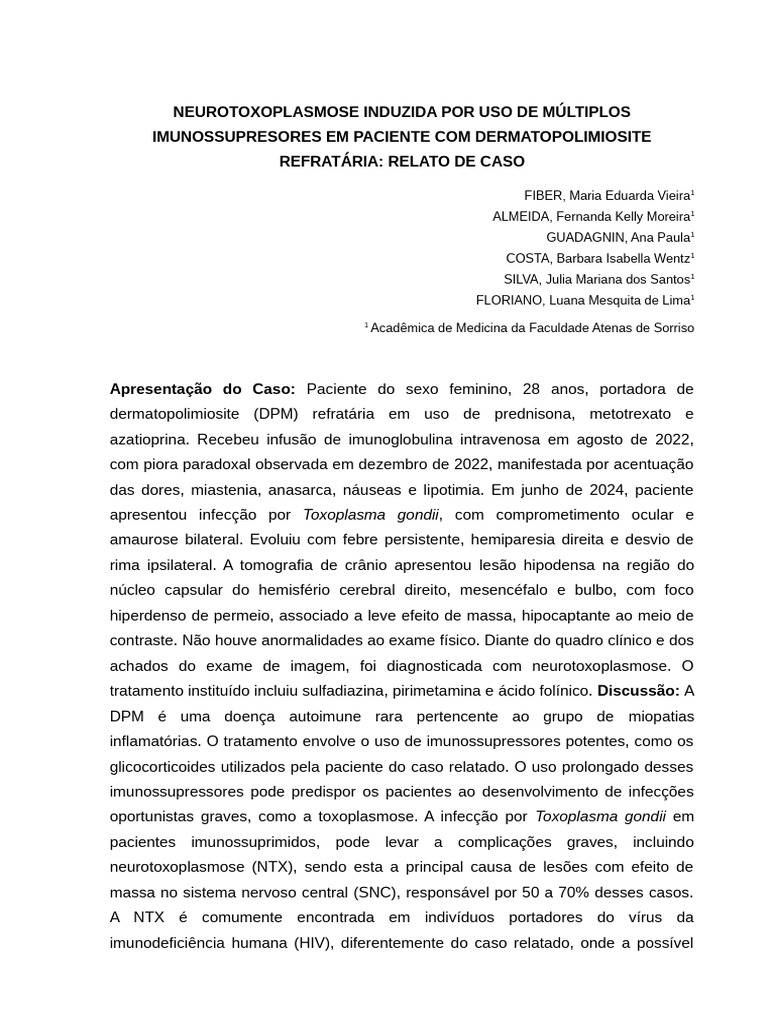 Neurotoxoplasmose Induzida Por Uso de Múltiplos Imunossupresores em ...