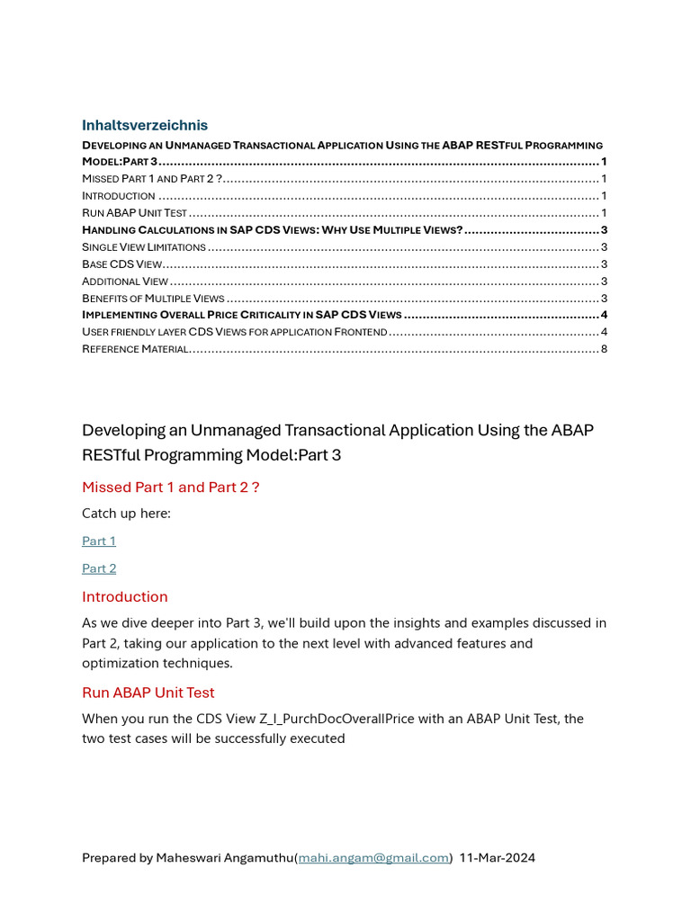 Inhaltsverzeichnis: Developing An Unmanaged Transactional Application Using The Abap Restful ...