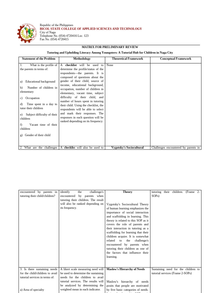 Preliminary Matrix | PDF