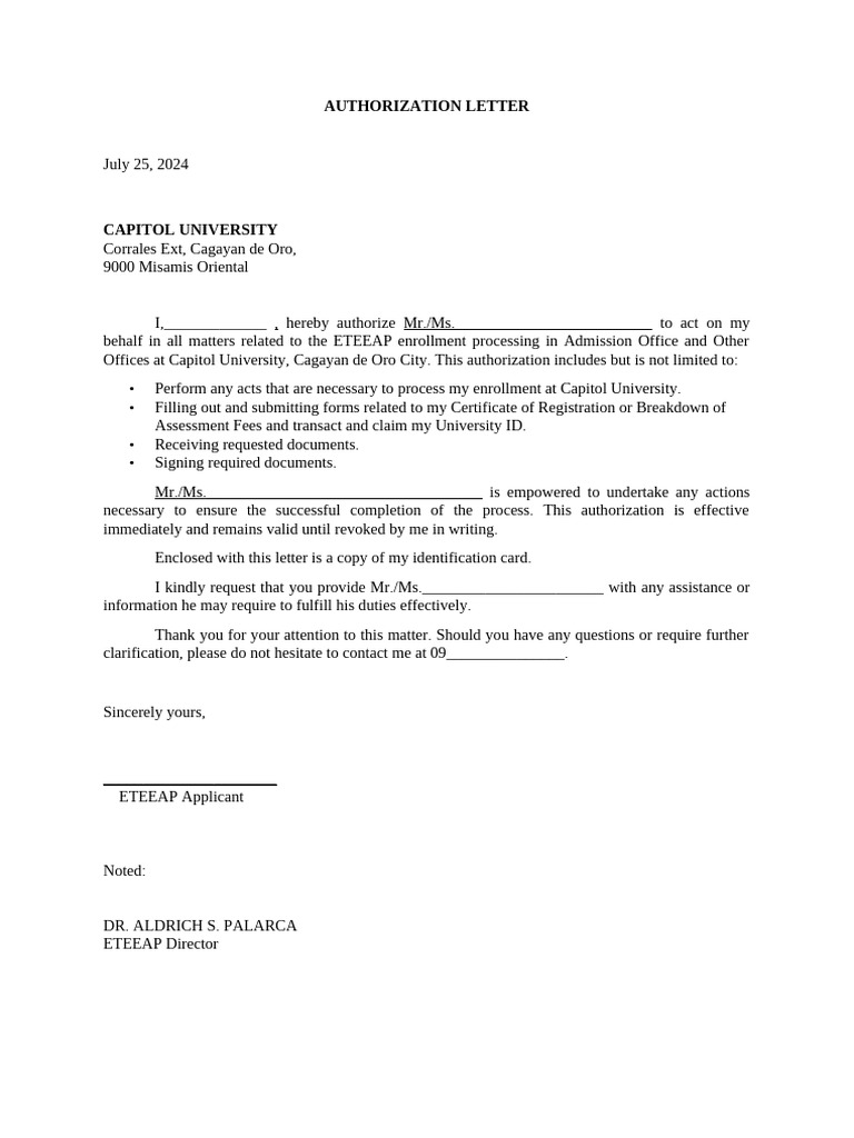 AUTHORIZATION LETTER To Enroll | PDF