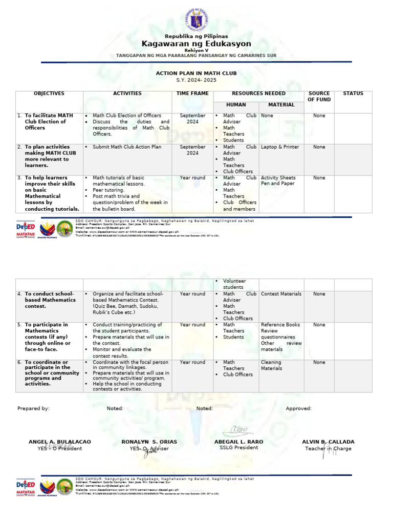 Math Club Action Plan 2023 2024 | PDF