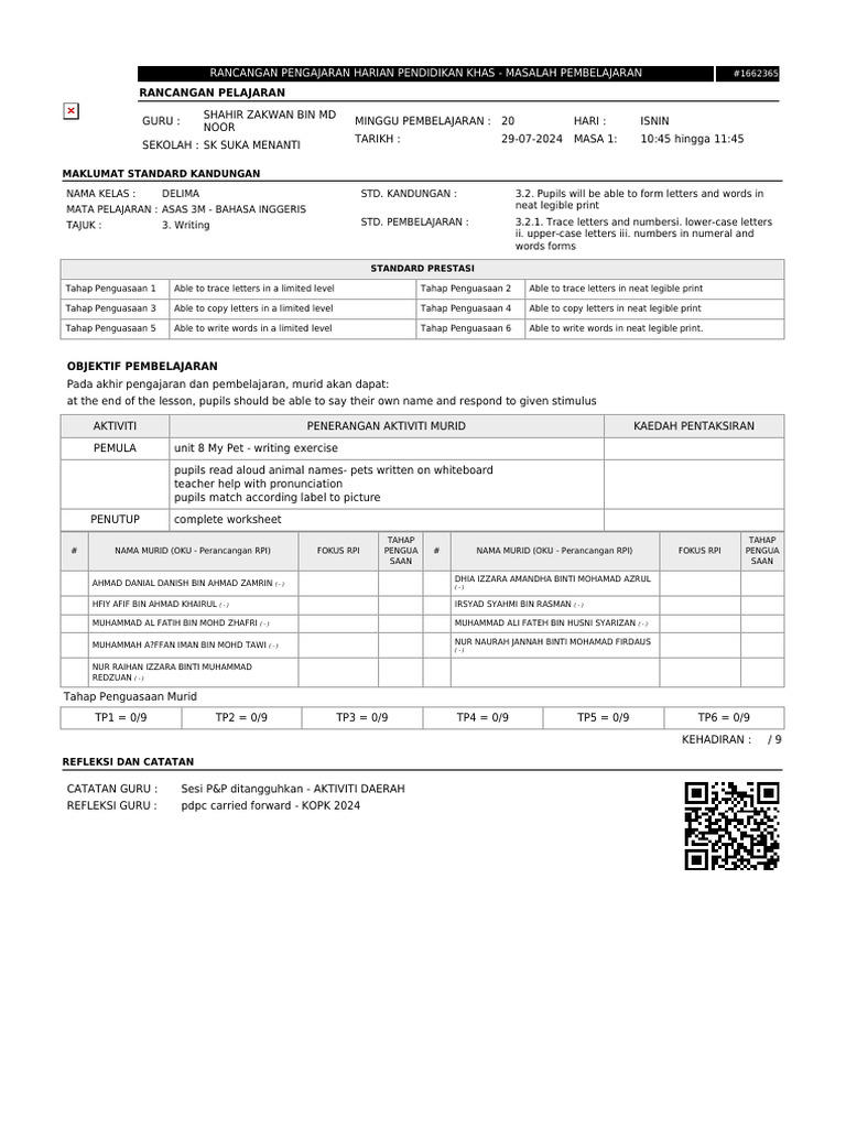 Rancangan Pengajaran Harian Pendidikan Khas - Masalah Pembelajaran | PDF
