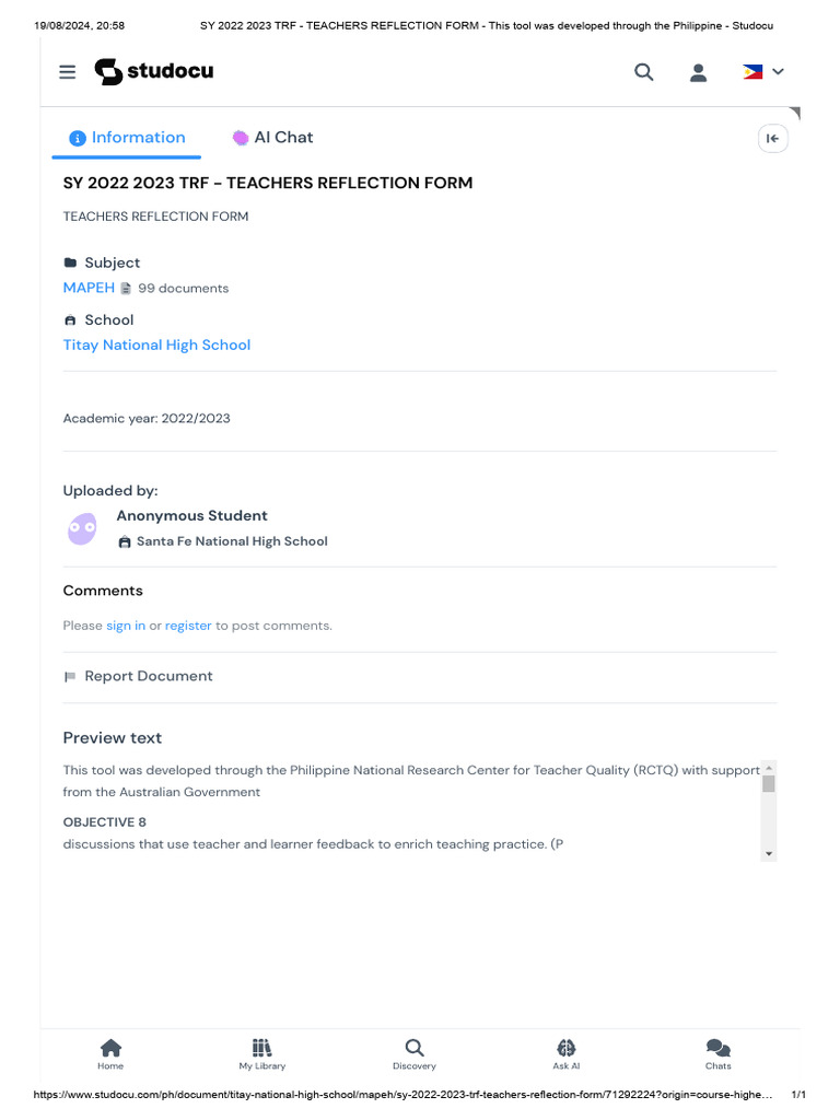 SY 2022 2023 TRF - TEACHERS REFLECTION FORM - This Tool Was Developed Through The Philippine ...
